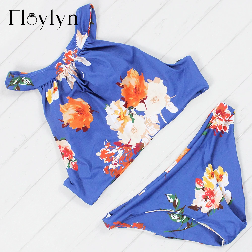 Floylyn Women Print Floral Bikini Set Halter Crop Top Hang High Neck
