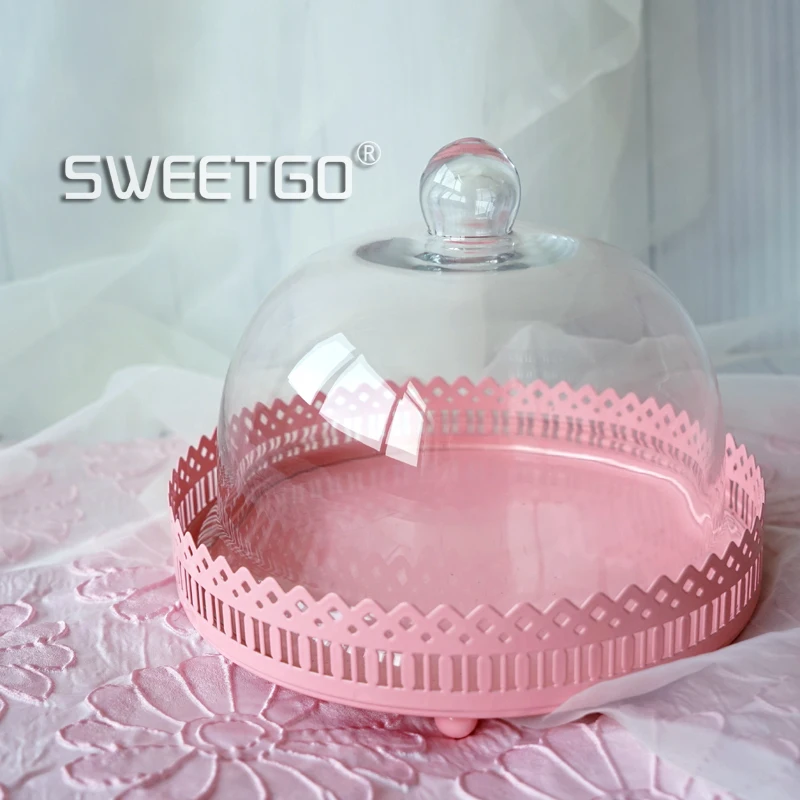 Pink Round cake tray with glass dome for wedding event party 20/25cm ...