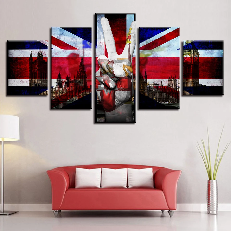 Wall Art Canvas Decor Frame 5 Pieces British Flag And Victory Sign ...