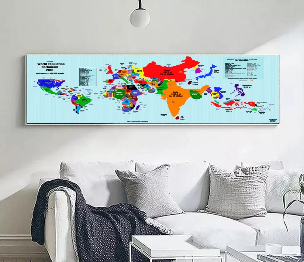 World Population Cartogram 2015 3rd Edition World Map Poster Art Wall ...