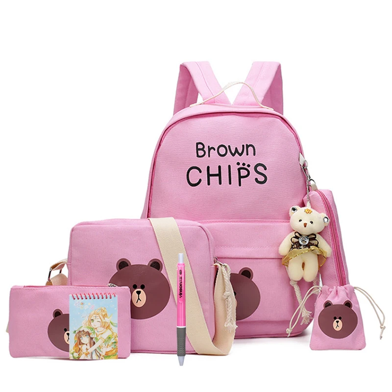 8 pcs/set Cute Brown Bear School Bag Multifunctional Backpack Kids ...