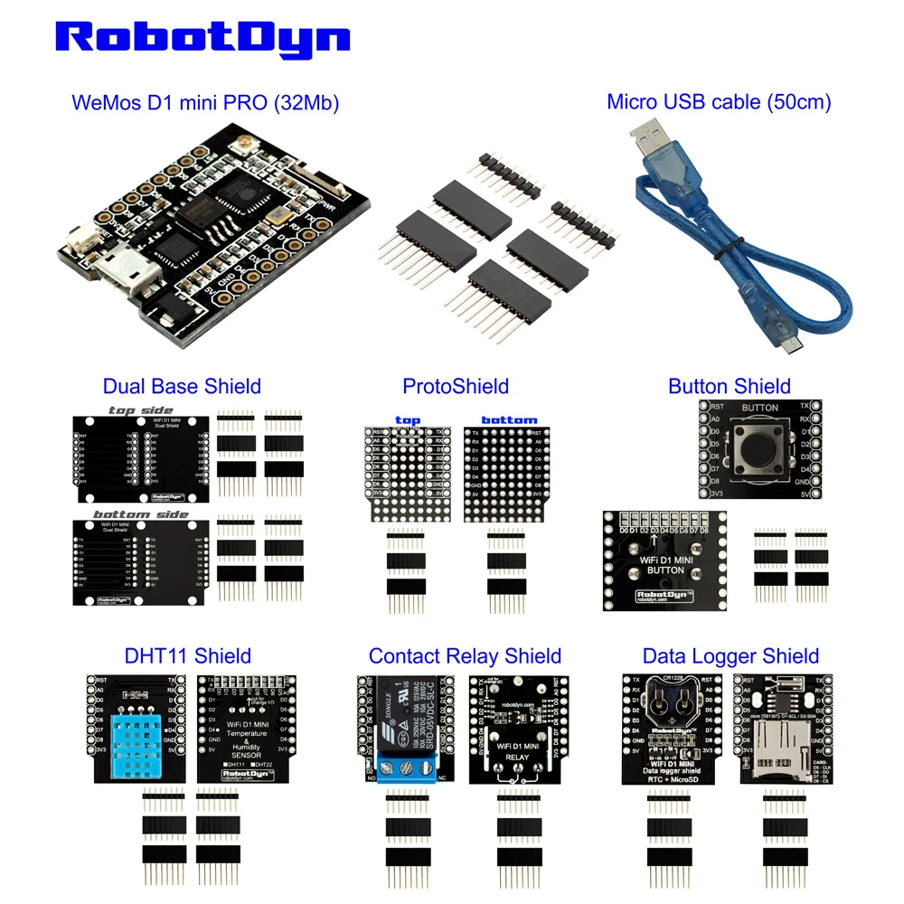 Iot Kit: Wemos D1 Mini Pro Esp8266 32mb, Shield Set: Dual, Protoshield ...