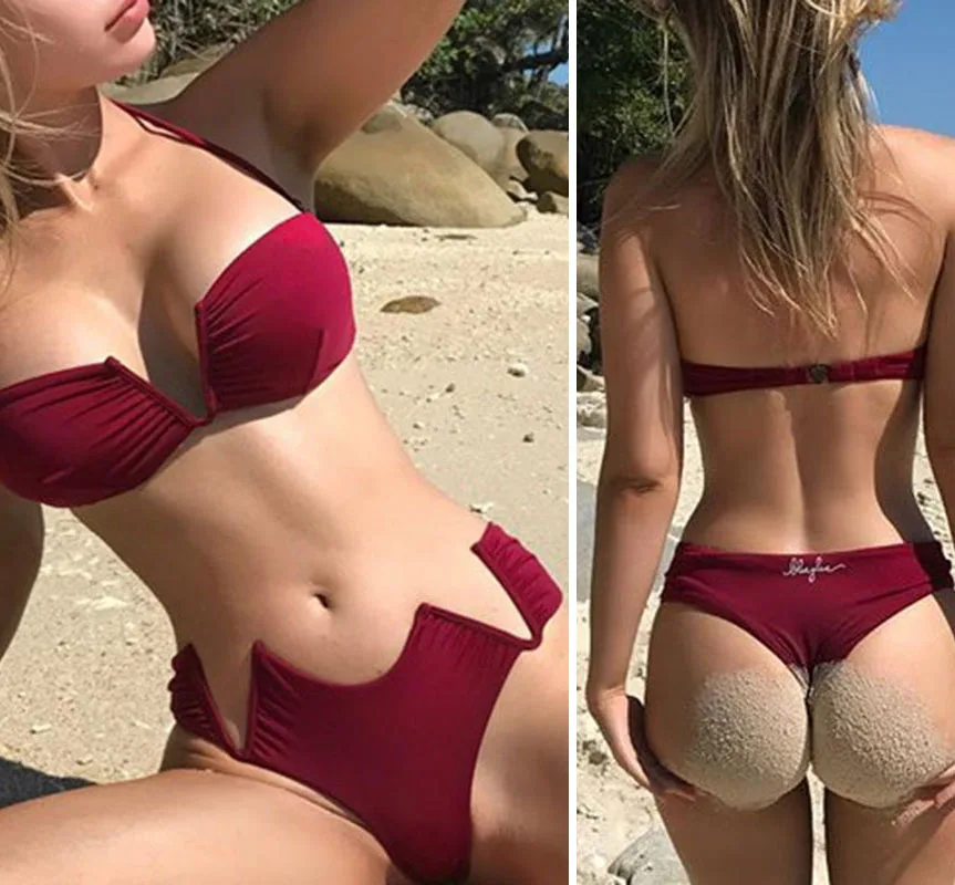 New Sexy Red Bikinis Women Solid Swimsuit Halter String Bathing Suits