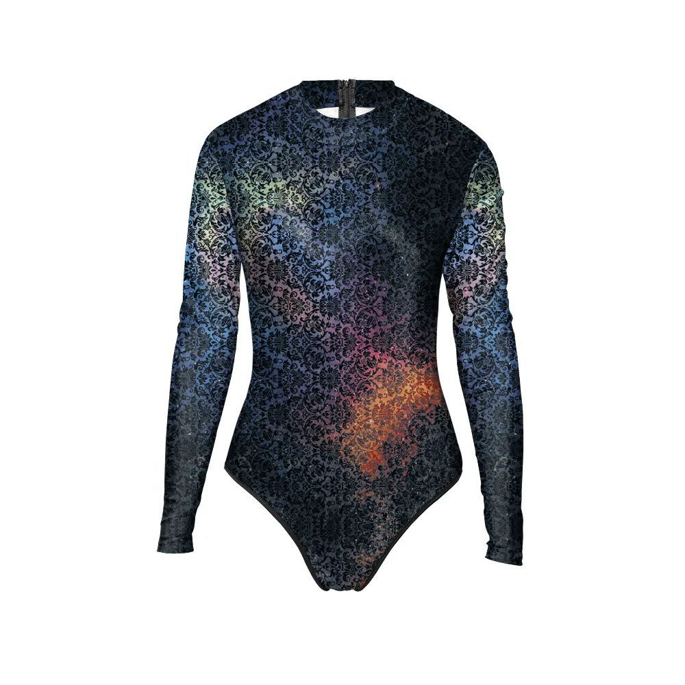 Bodysuit Bathing Suit Space Cats Printed Women Swimwear Long Sleeve Zippered One Piece Swimsuit