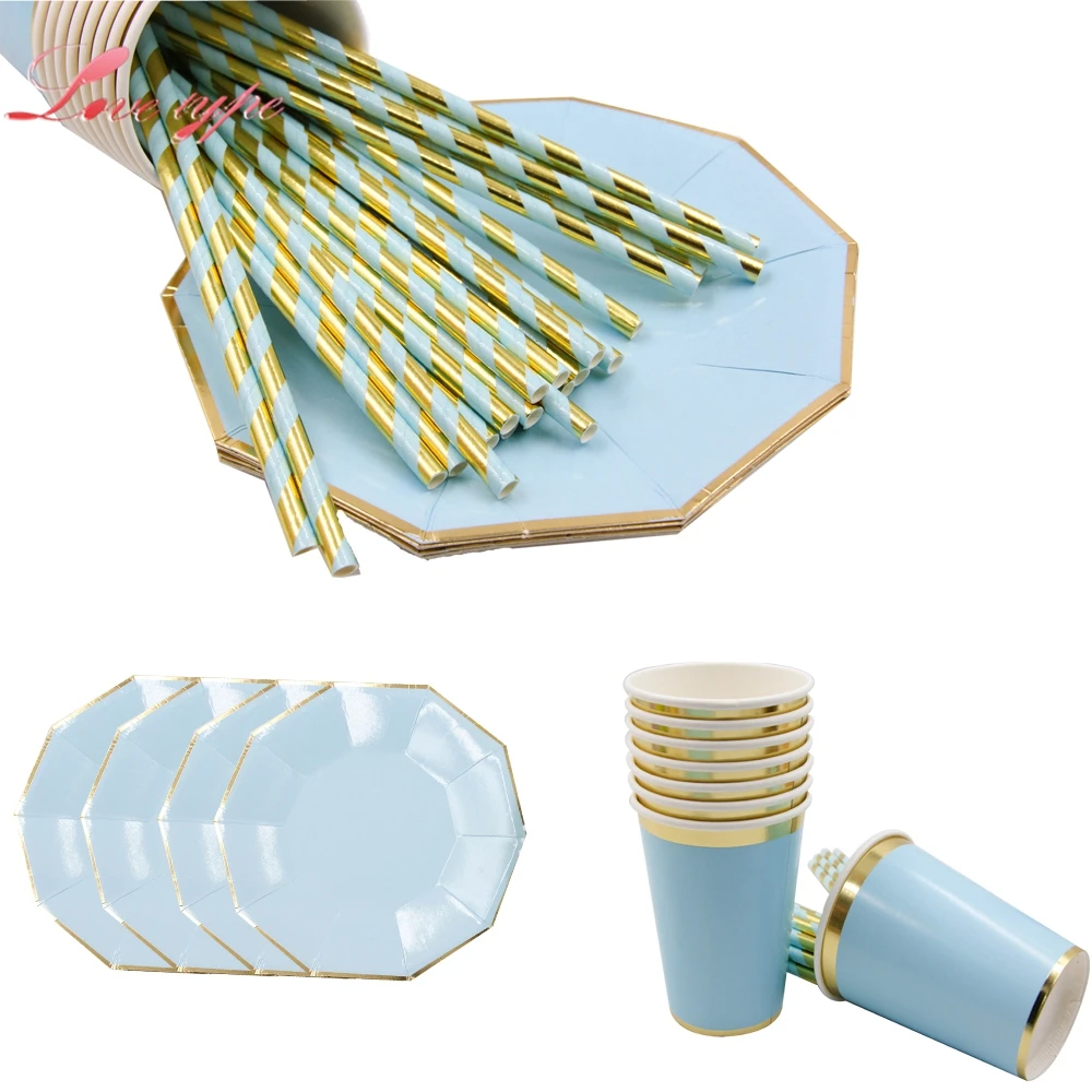 1Set Paper Cup/Plate/Straws Baby Pink/Blue Disposable Tableware Set ...