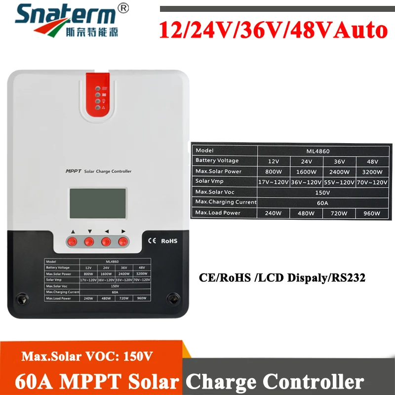 60A MPPT Solar charge controller 12V 24V 36V 48V 60V regulator MPPT ...