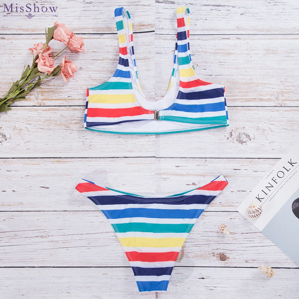 Misshow Rainbow Striped Women Bikinis Set 2019 3 Style Swimsuit Summer