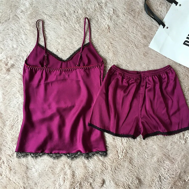 Tinyear Ladies Sexy Silk Satin Pajama Set Lace Pyjama Set Sleeveless ...