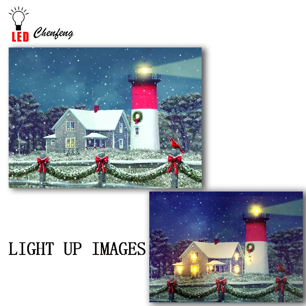 Led Canvas print artwork lighted up Wall art cottage with lighthouse in ...