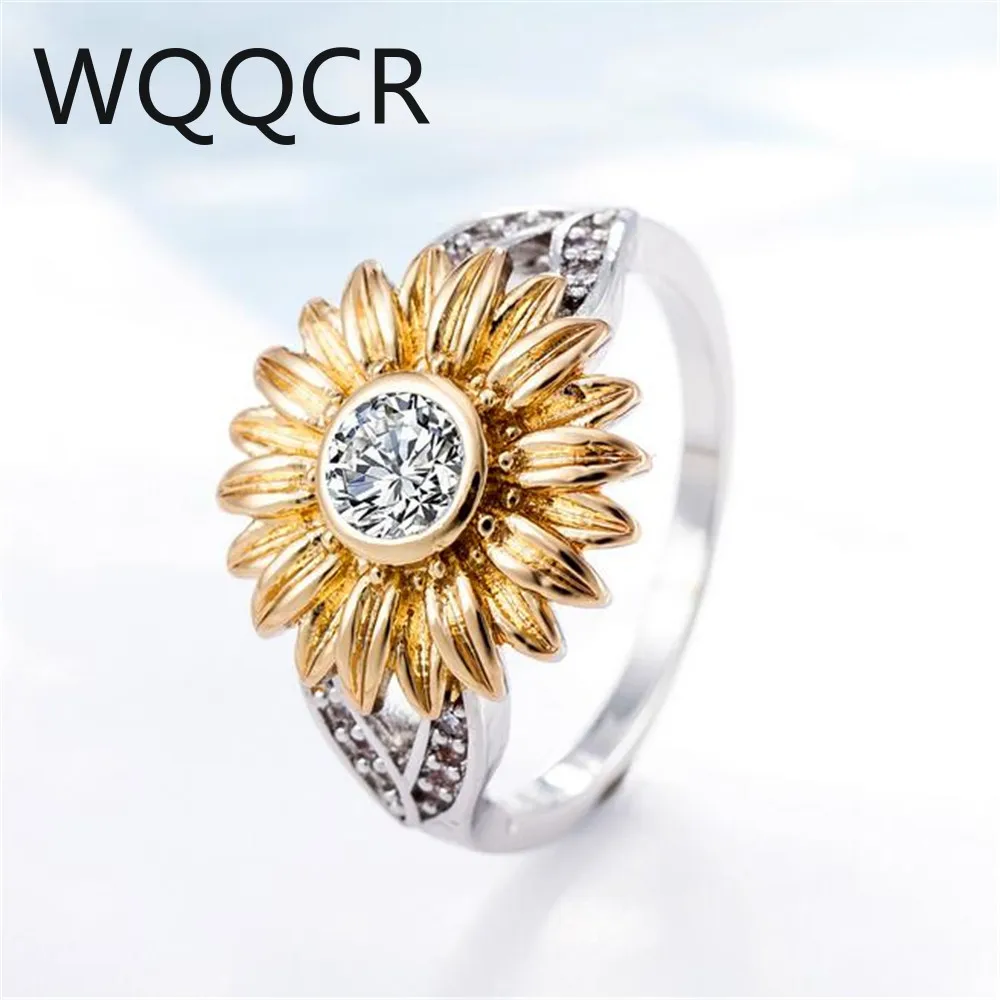 2018 sunflower shape rhinestone crystal sunflower ring cocktail fashion ...