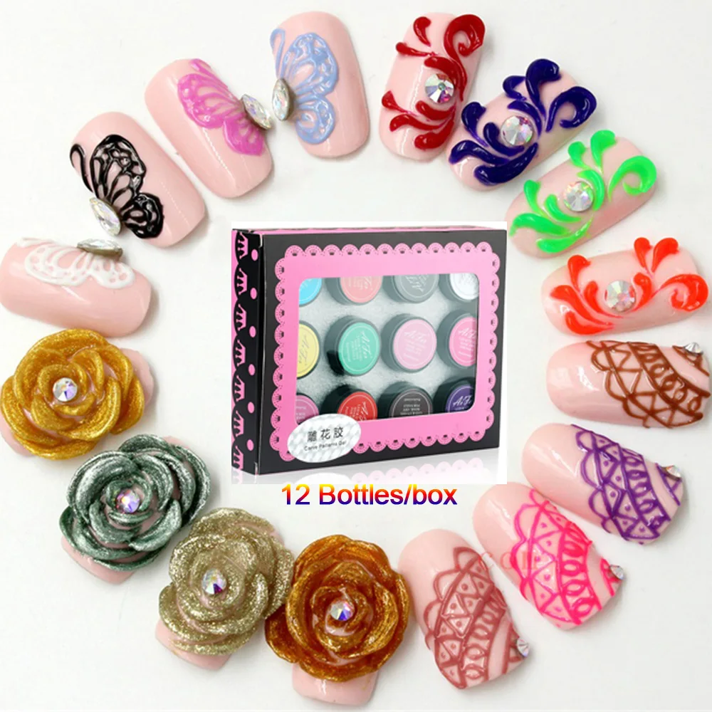 12 Bottles 3d 4d Carved Color Painting Nail Gel Polish Manicure Tips ...