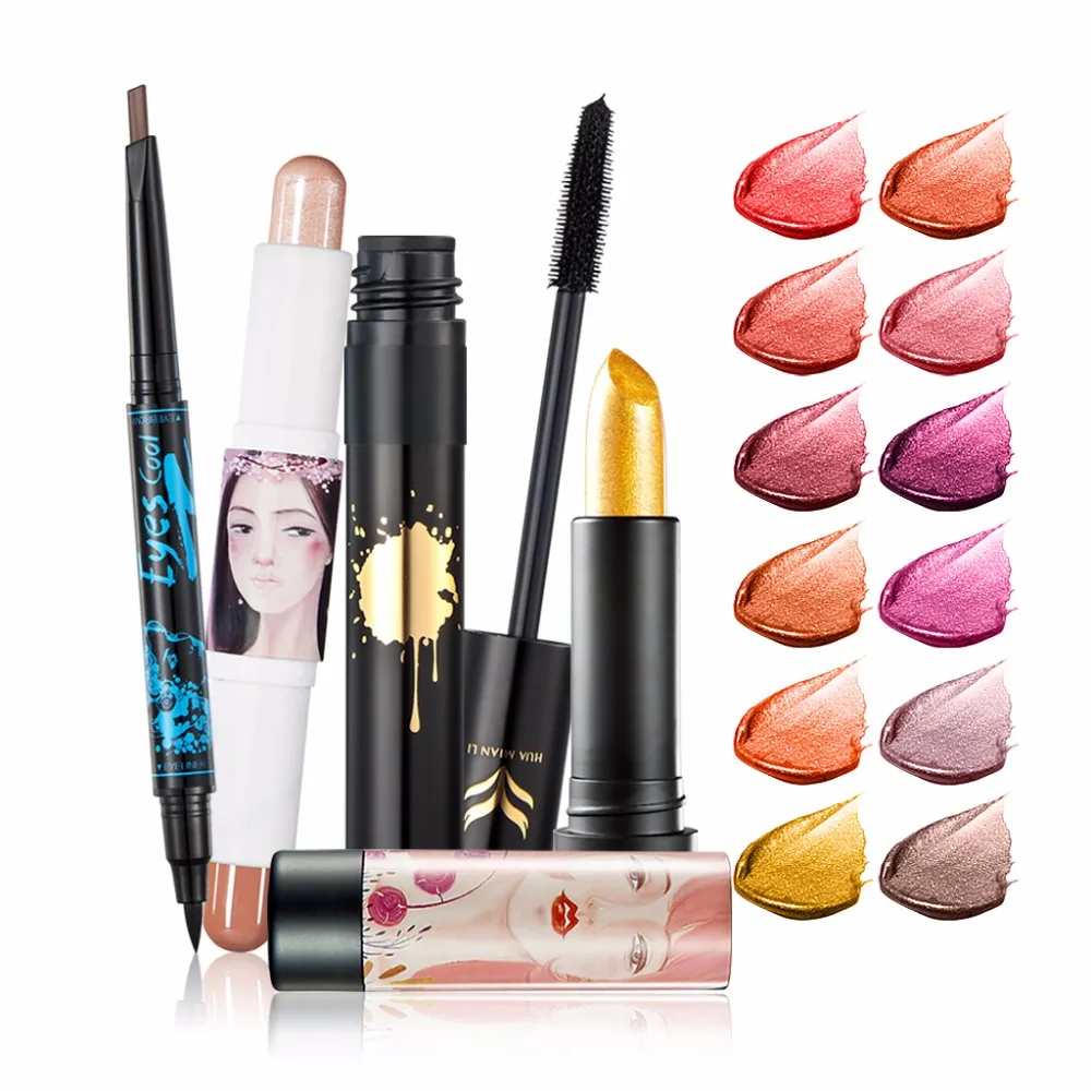 Huamianli 4Pcs/Set Lipstick Shimmer Stick Mascara Eyeliner Eyebrow Pen ...