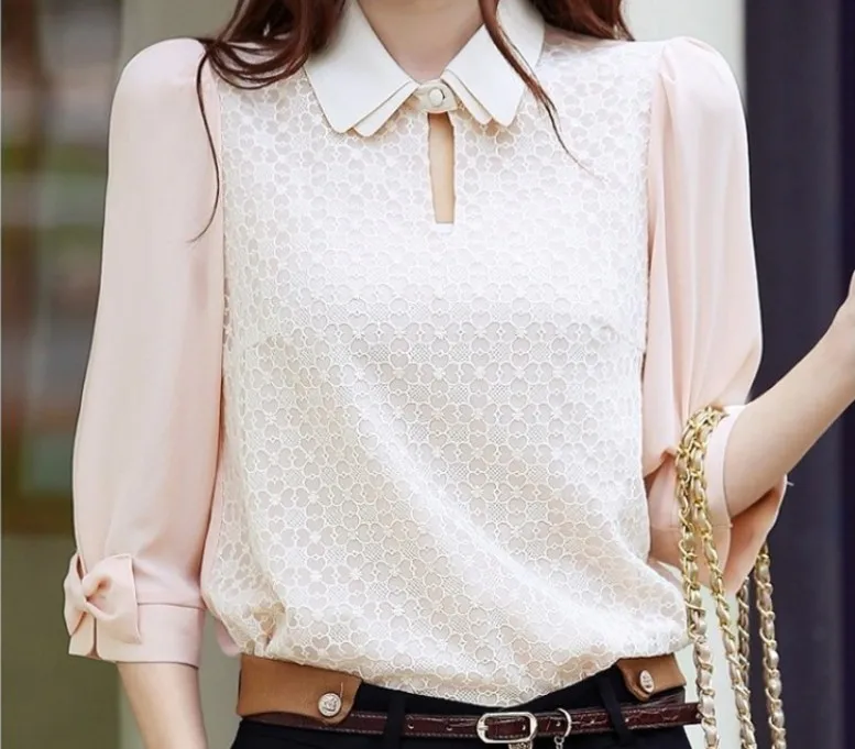 Free shipping Cute Long sleeve Pink Lace chiffon Shirt Blouse for women ...