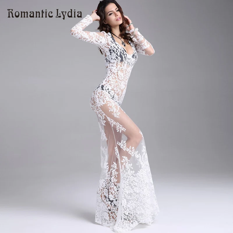 Women Luxurious Long White Lace Dress Lady Party Sexy V Neck See