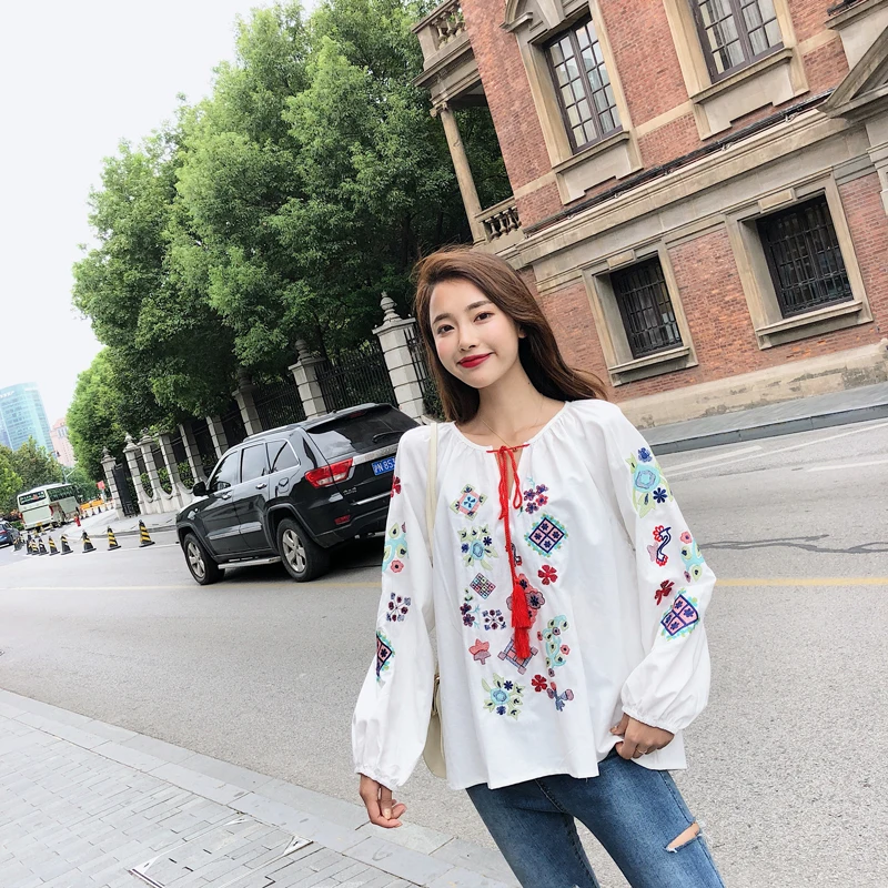 MUMUZI Весенняя Новинка богемная блуза национальный ветер фонарь рукава ...