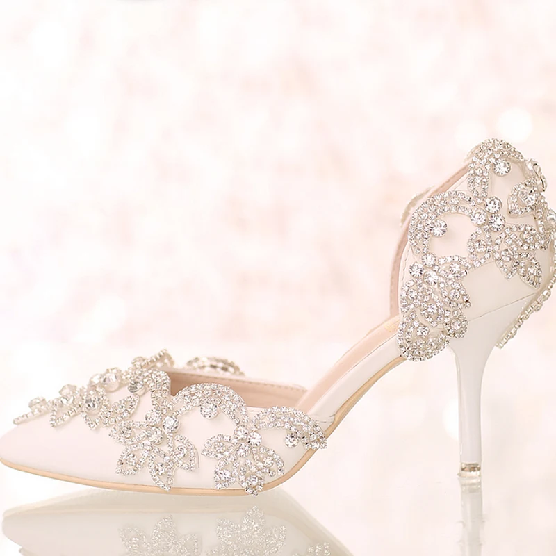 Rhinestone Buckle Straps White Wedding Shoes Pointed Toe 3 Inches ...