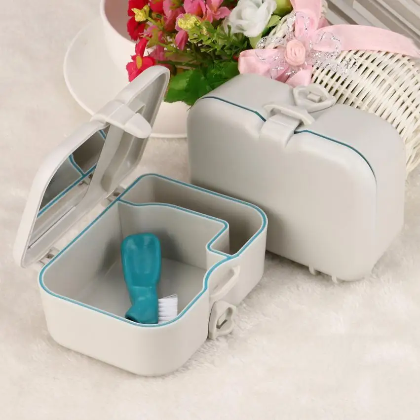 Denture False Teeth Storage Box Case With Mirror and Clean Brush Dental ...