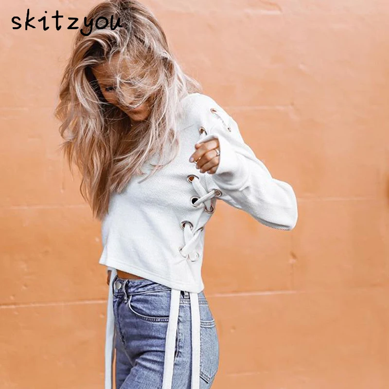 Skitzyou Long Sleeve Sexy V Neck Side Lace Up White Women Short