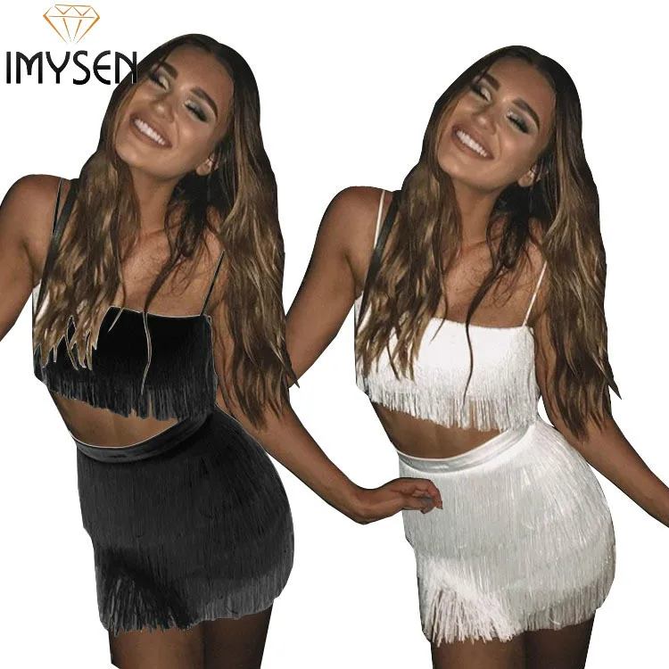 Imysen 2018 Sumer Sexy Tassel Skirts Suit Nightclub Strapless Tops