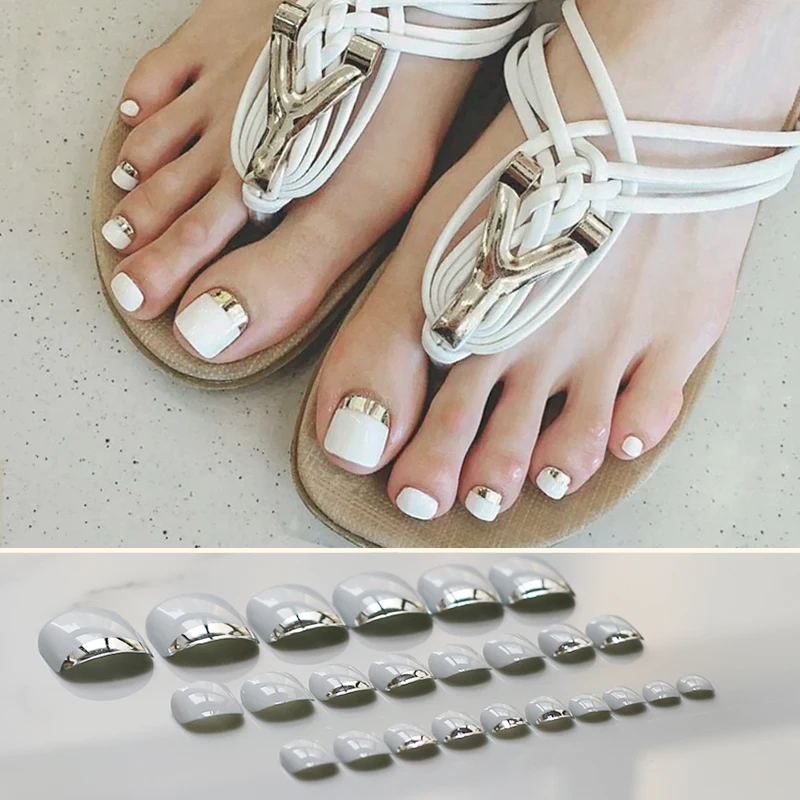 Fake Toenails Metal White Silver Wear Nail trend 24 Pcs fashion Boxed ...