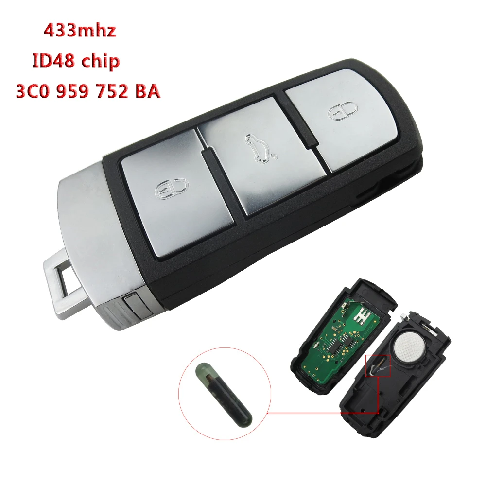 433Mhz With ID48 Chip Remote Key 3C0 959 752 BA 3 Buttons Keyless Entry ...
