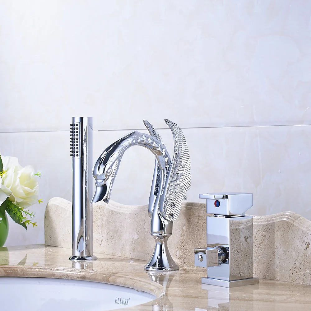 Chrome Brass Swan Style Bathroom Tub Faucet Mixer Tap One Handle Three ...