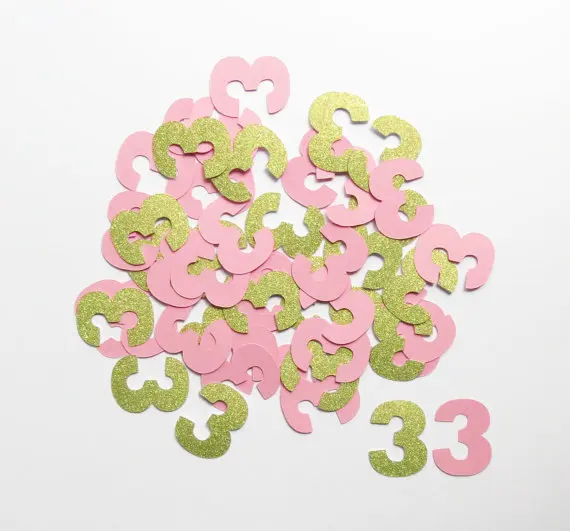 Gold Glitter And Pink Confetti Number Threes 1" Inch Party Decor Custom ...