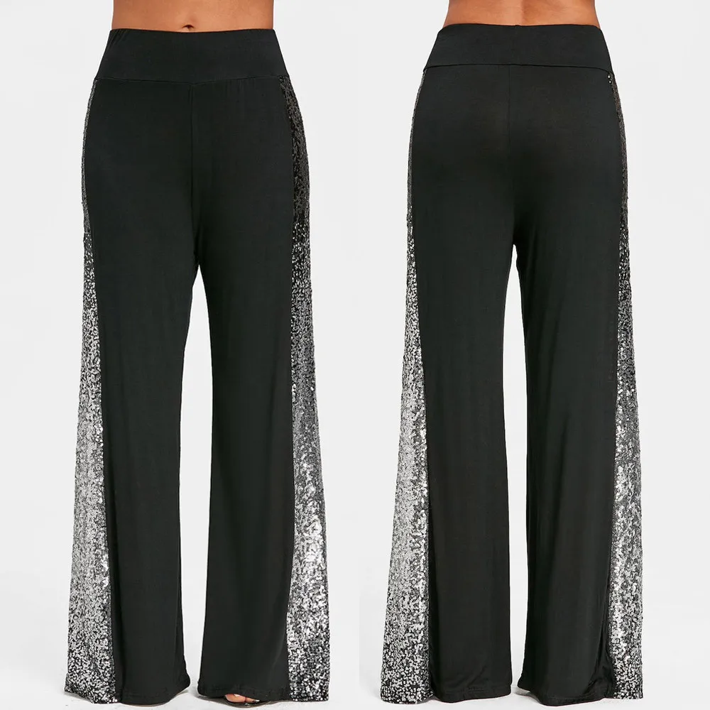Fashion Womens Casual Wide Leg Pants Gradient Sequins Insert Maxi