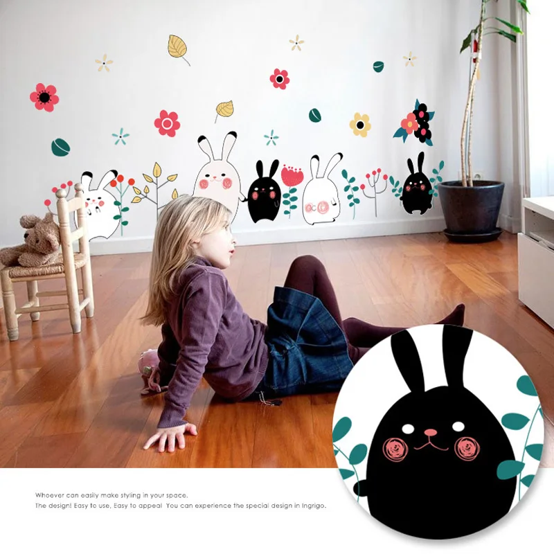 Cartoon Black And White Rabbit Wall Sticker Pvc Material Diy Rabbit ...