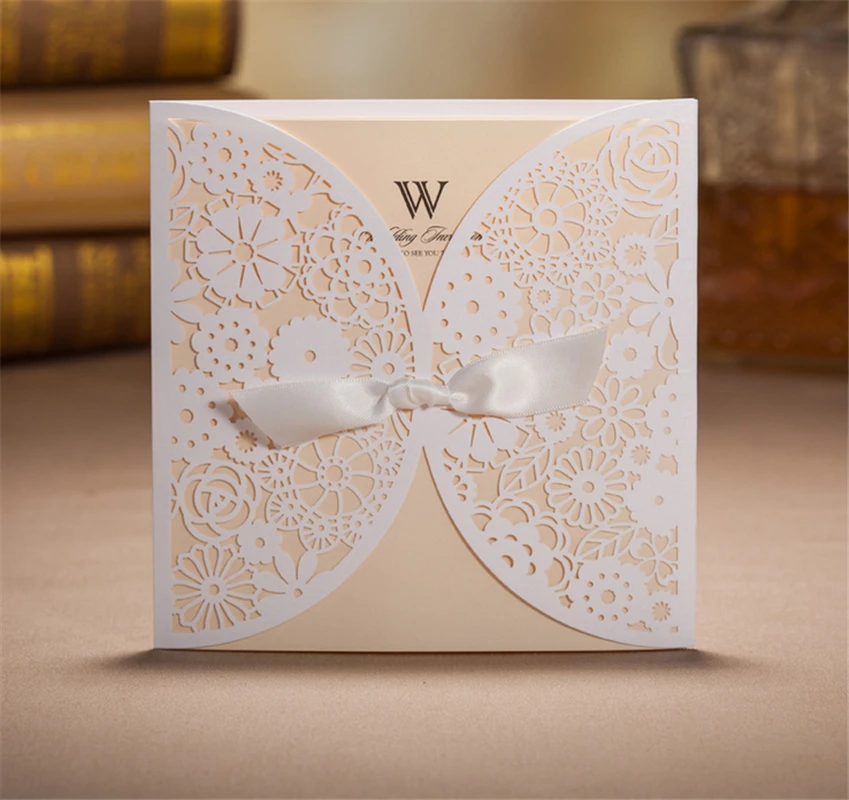 5Sets Hollow Follower With Ribbon Wedding Invitation Cards 3 Pages Fold ...