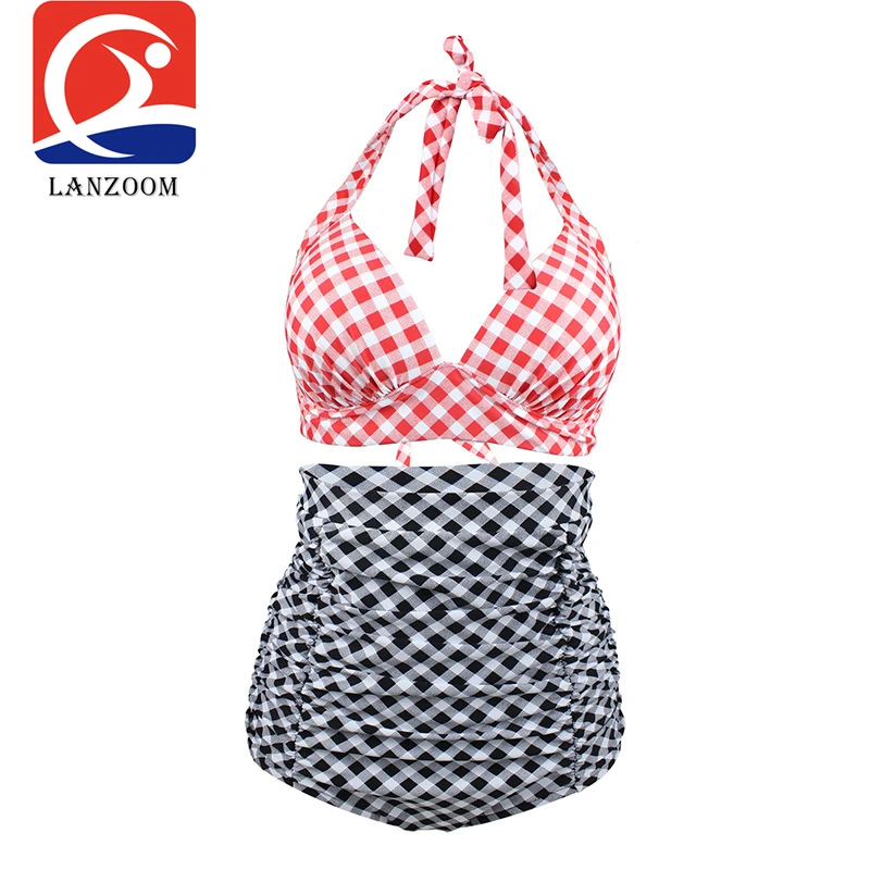 Bathing suits 2017 Women red gingham Push up Bikini Longline high neck ...