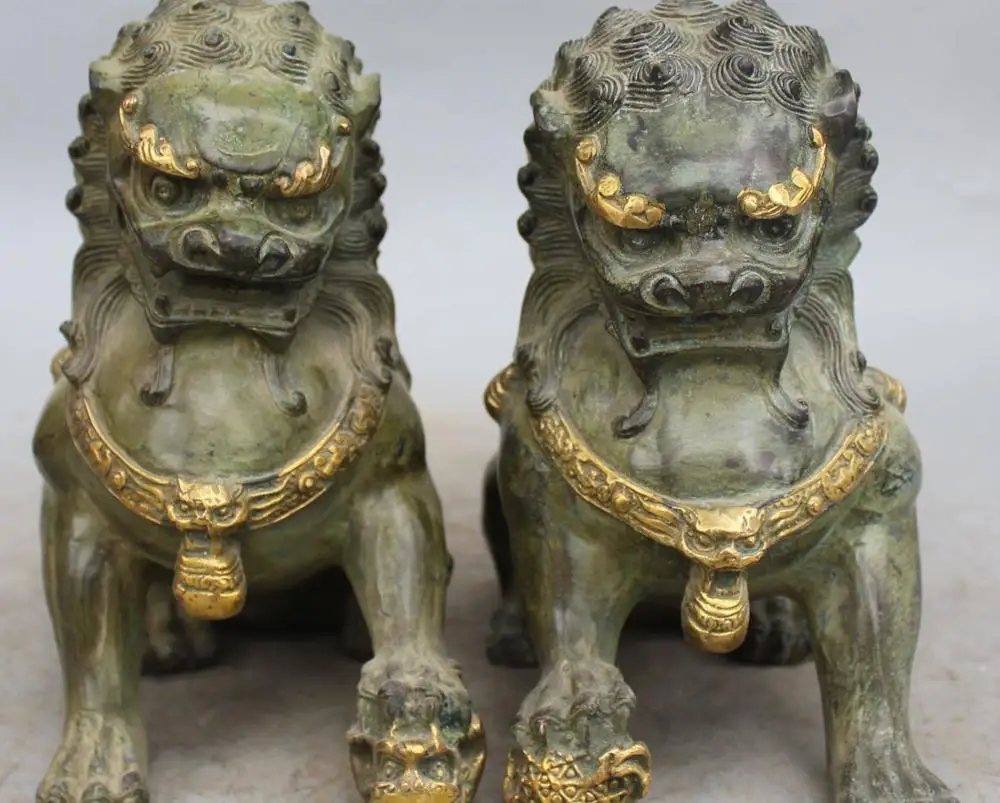 Feng Shui chino de 9 pulgadas, estatua de bronce dorado, Foo Fu, perro ...