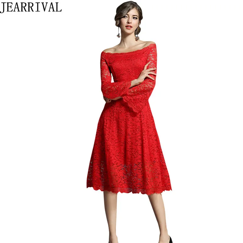 2017 New Fashion Sexy Off Shoulder Party Dresses Women Elegant Slash Neck Flare Sleeve Black