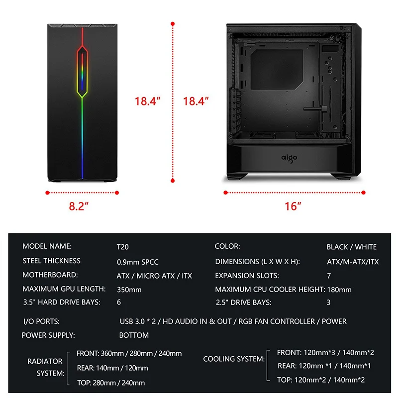 Aigo T20 Computer Case ATX Mid-Tower Tempered Glass Gaming Desktop RGB ...
