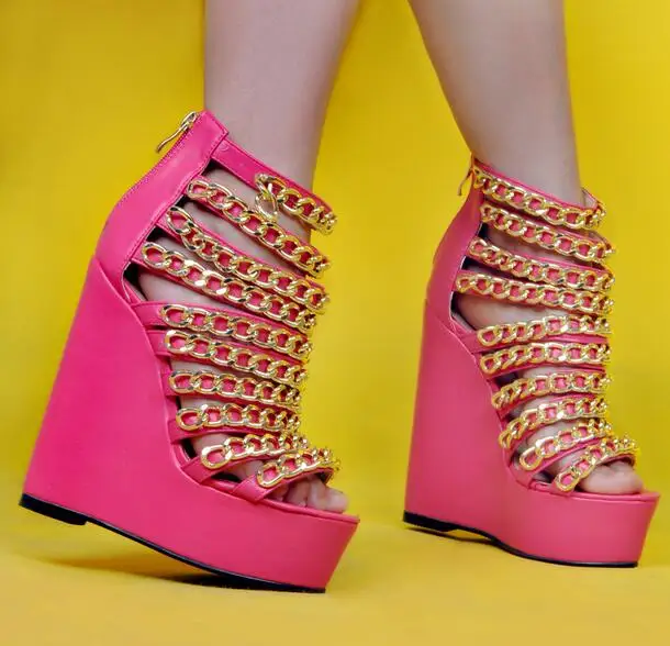 Hot-Pink-Leather-Women-High-Platform-Sandals-Gold-Chain-Straps-Ladies ...