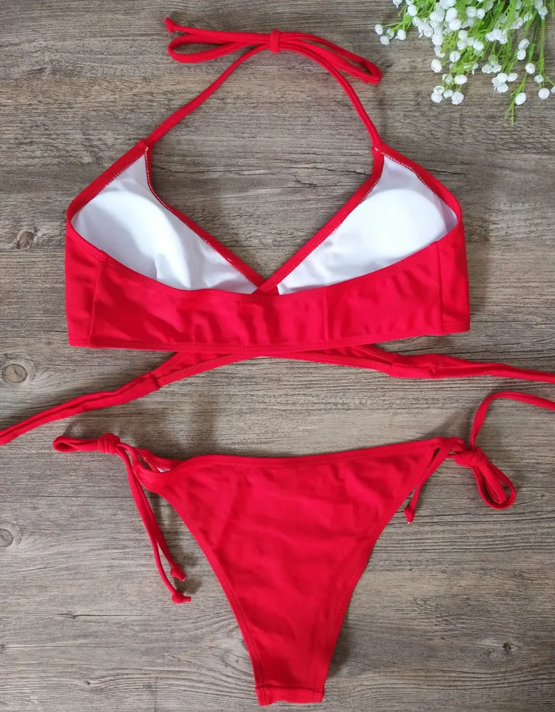 Bandage Bikini Set 2018 Red Halter Ladies Swimmer Swimsuit Low Rise ...