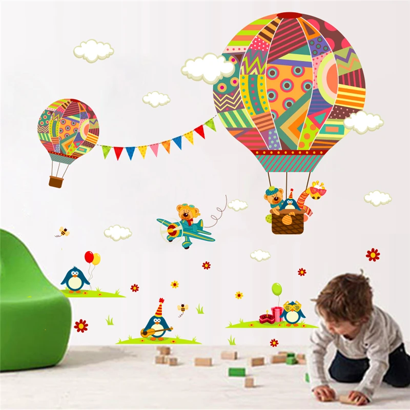 cartoon-hot-air-balloon-airplane-wall-stickers-for-kids-rooms-pvc-wall ...