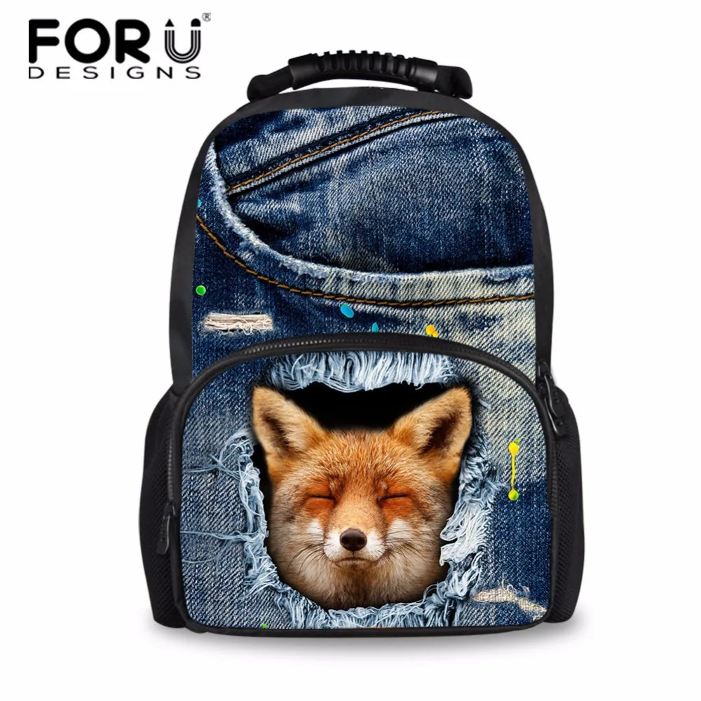 FORUDESIGNS Women Backpacks for Teen Girls Denim Fox Printed Bookbags ...
