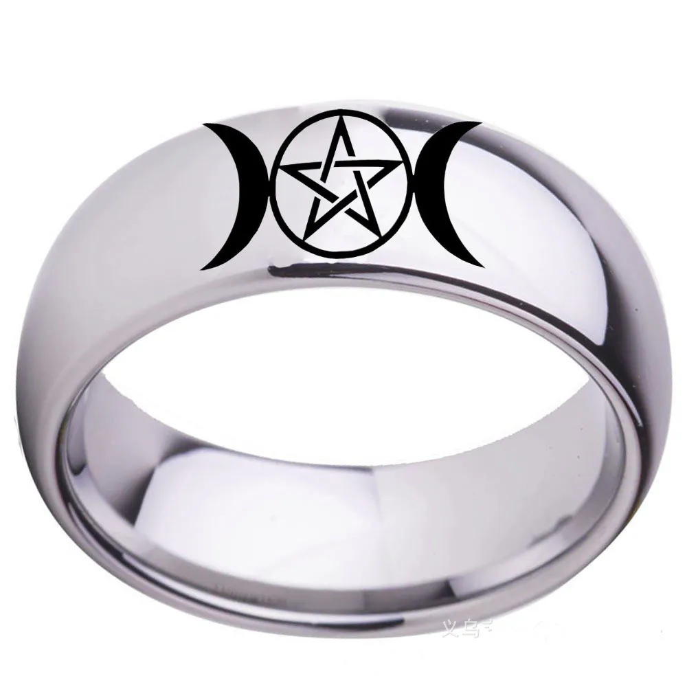 Stainless Steel Triple Moon Goddess Wicca Pentacle Ring Crescent Moon ...