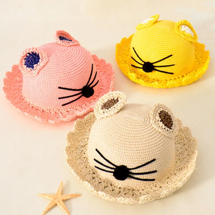 Summer Hats Infant Child Sunshade Hat Cat Ear Hand woven Straw Hat Baby ...