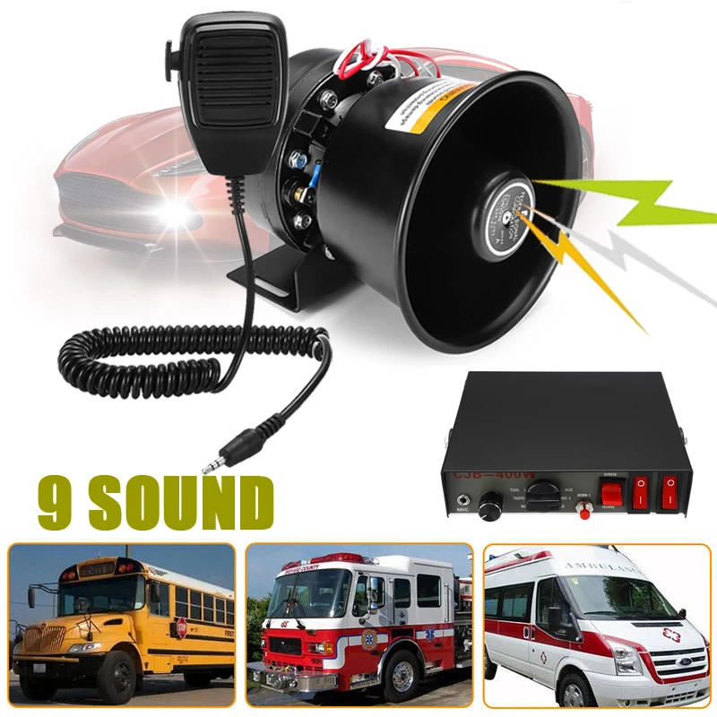 150dB 9 tones 400W Alarm Siren Loud Car Police Horn 12V+ Mic PA Speaker ...