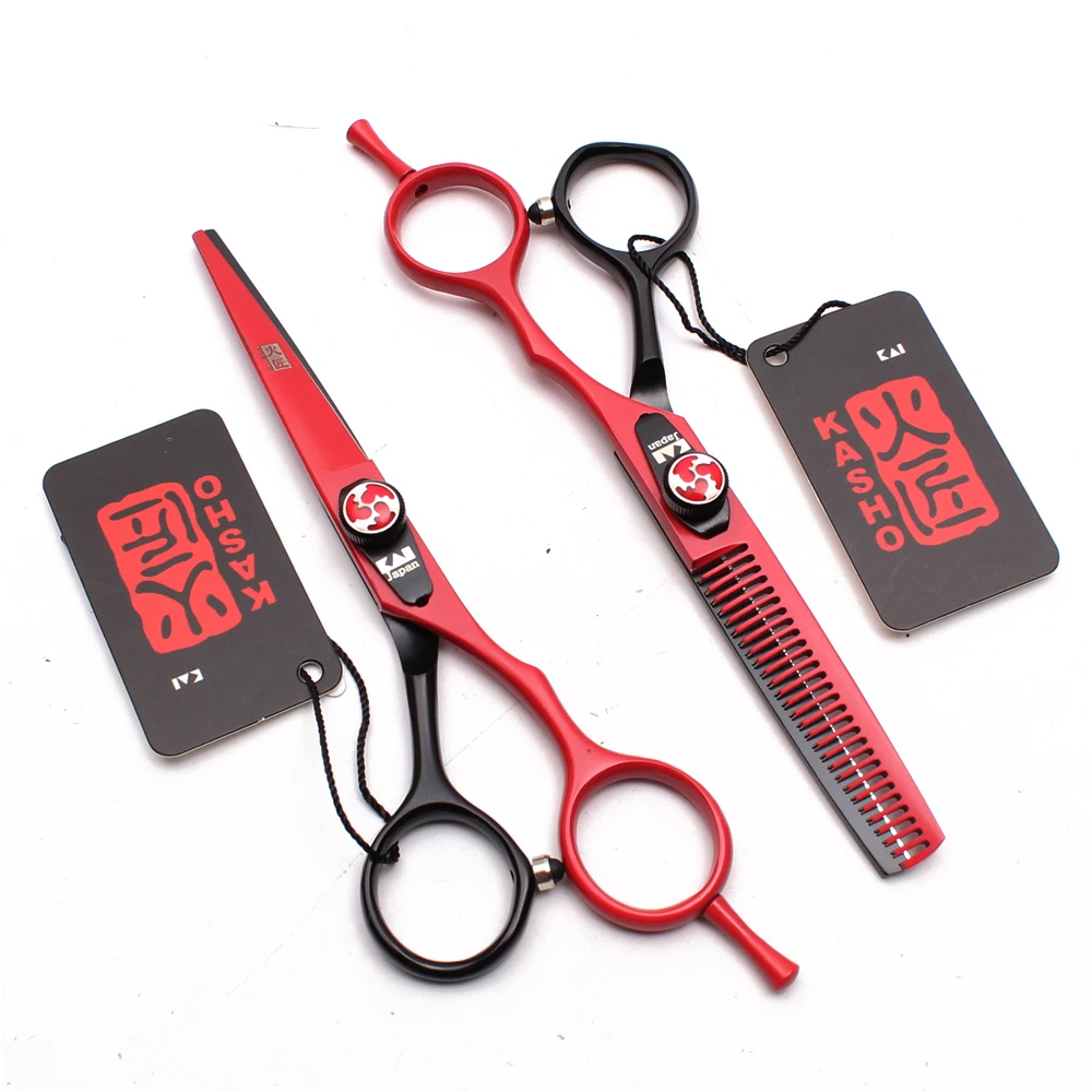 H1018 5.5" JP Stainless Kasho Red&Black Professional Hairdressing Scissors Thinning Shears ...