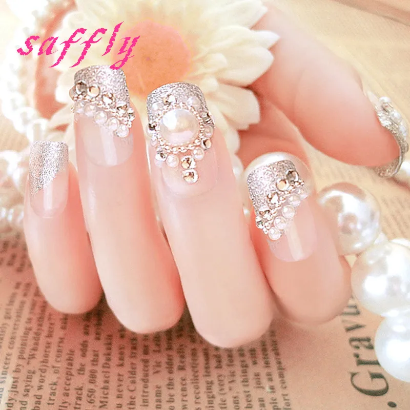Saffly 2017 Nail Art 3d False Nails Rhinestone Fake Nail 24pcs Set