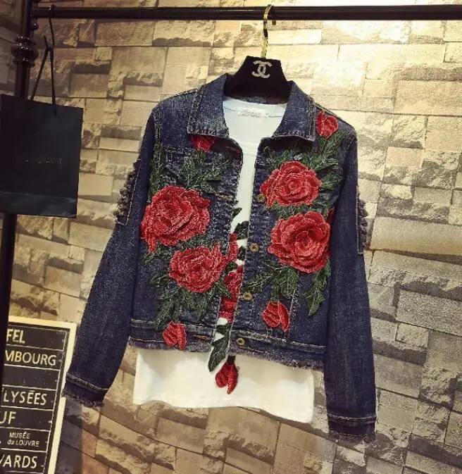 2018 Spring Autumn New Women's Embroidery Red Rose Short Denim Jacket ...