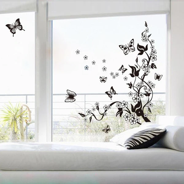 Black Wall Mural Decal Wall Stickers Butterfly Flowers Tree Home Office ...