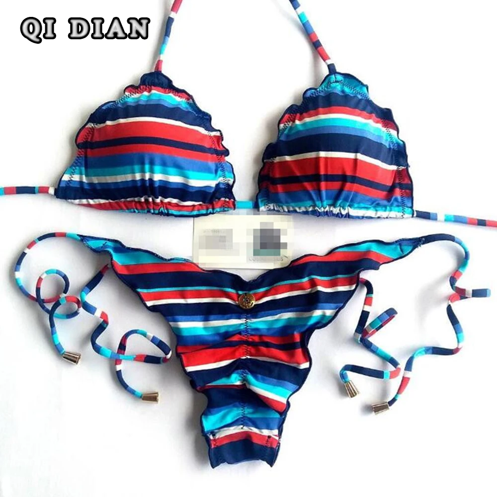 Qi Dian Bikini 2018 Swimwear Women Swimsuit Push Up Sexy Stripe Print