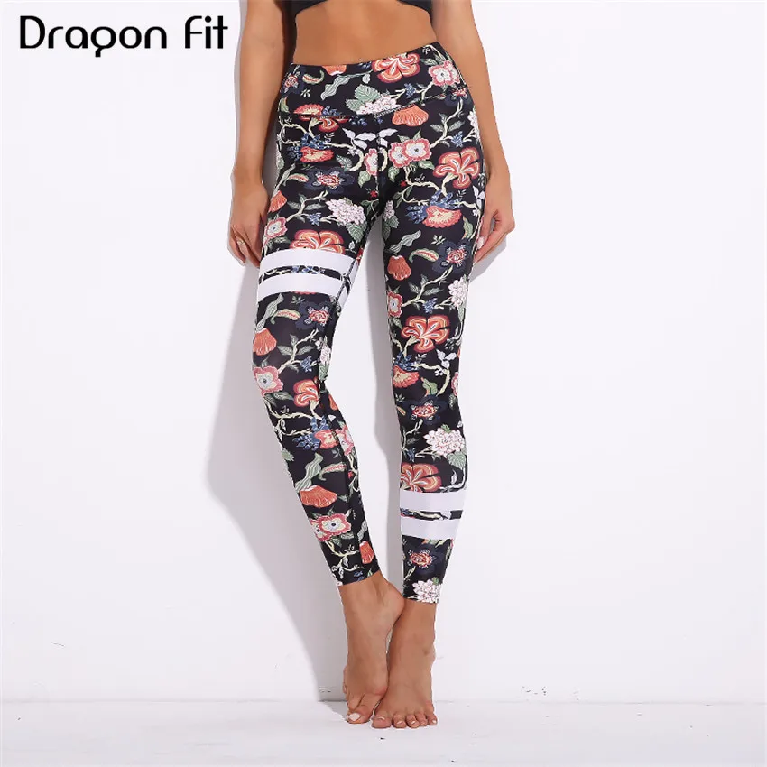 Dragon Fit Flower Print Elastic Yoga Leggings Women Running Compression ...