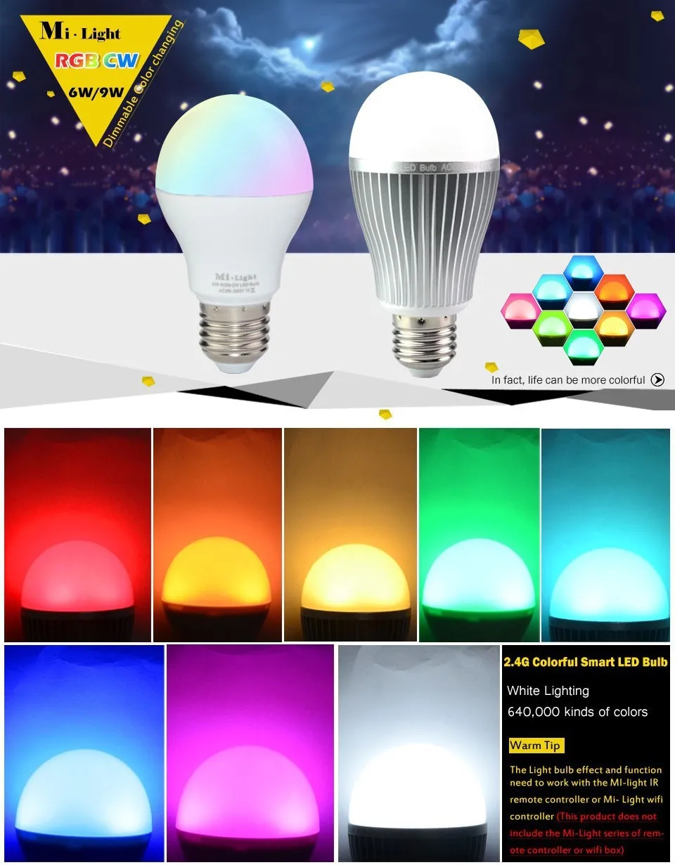 Milight 2.4G E27 6W/9W Wireless Colorful LED RGBCW (RGB+COOL WHITE ...