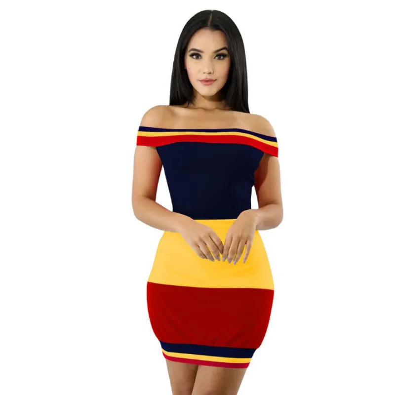 2018 Spring Summer Women Party Dresses Printed Striped Slah Neck
