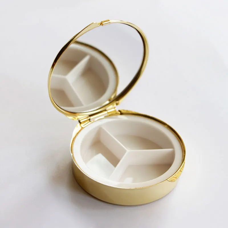 Metal Pill Box Case Gold Large Size Mirror Pill Organiser With 3 Compartments On